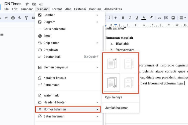 Cara Membuat Nomor Halaman Berbeda di Google Docs yang Mudah | IDN Times