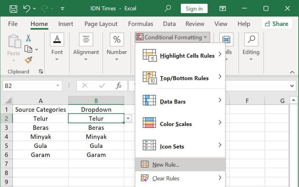 Cara Membuat Dropdown List Berwarna di Excel Sesuai Kategori | IDN Times