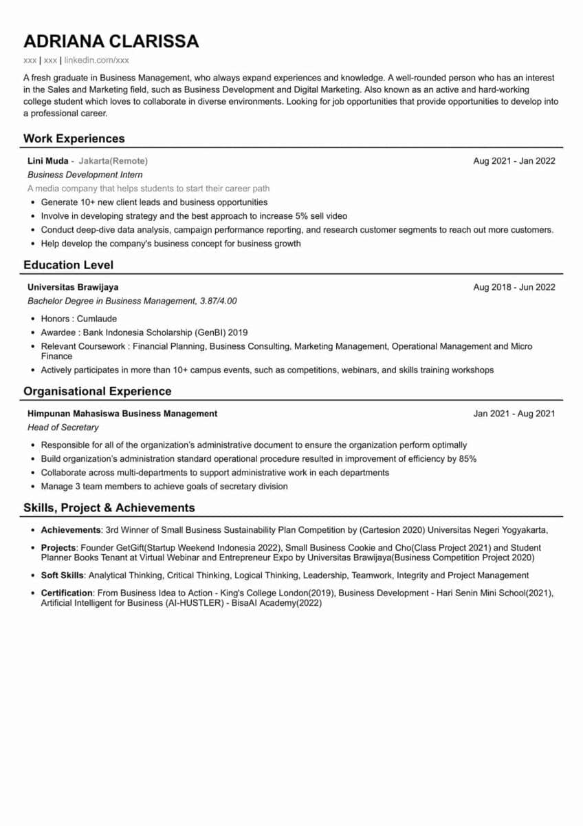 4 Contoh CV ATS Fresh Graduate, Berpotensi Lanjut Sesi Wawancara | IDN ...