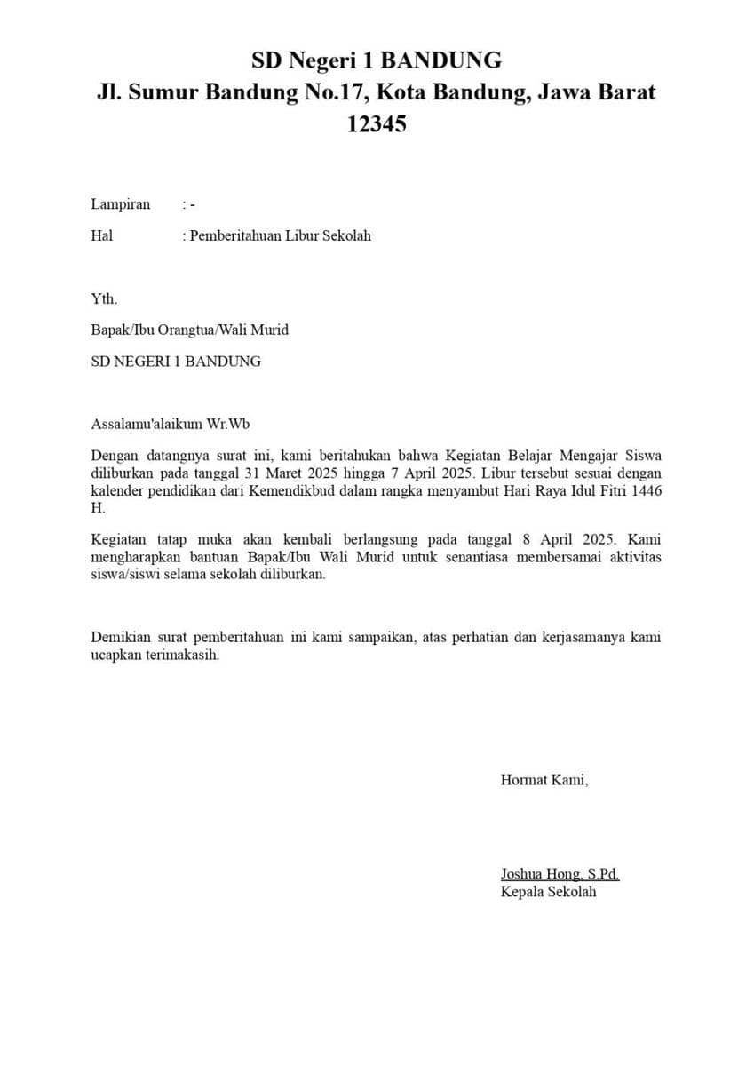 3 Contoh Surat Pemberitahuan Libur Sekolah, Format Lengkap! | IDN Times